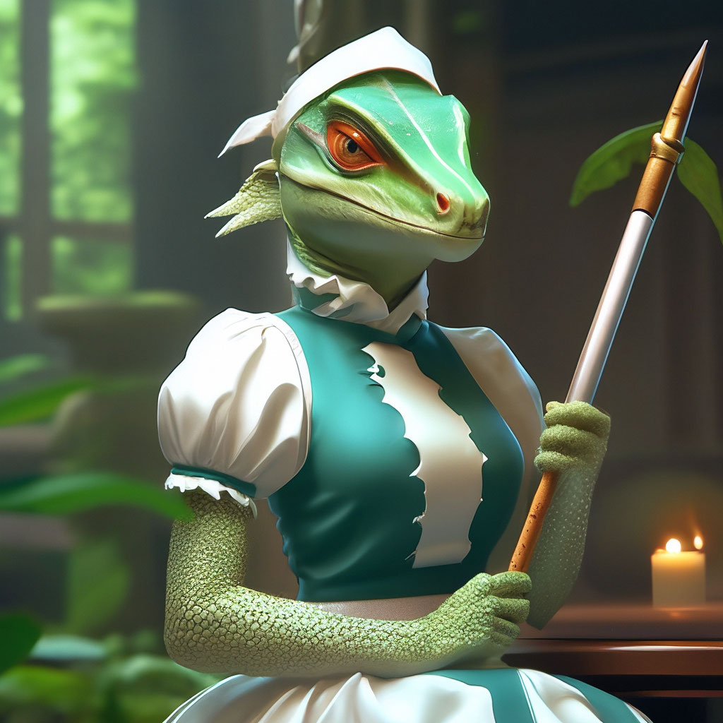 "Lizard girl in maid uniform rubs spear" — image created in Shedevrum