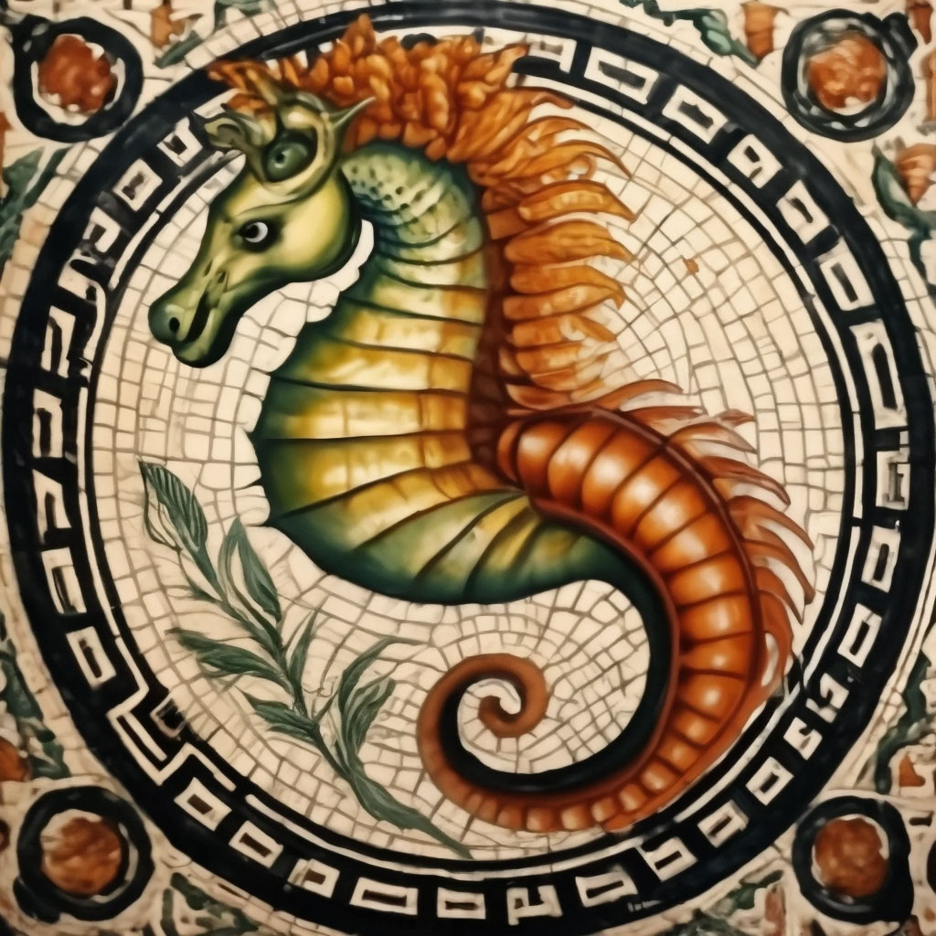 "Ancient Roman mosaic: meander pattern and seahorse watercolor, ink ...