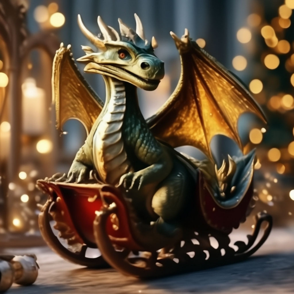 "A winged good dragon is carrying toys on a sleigh. glitter streamers ...