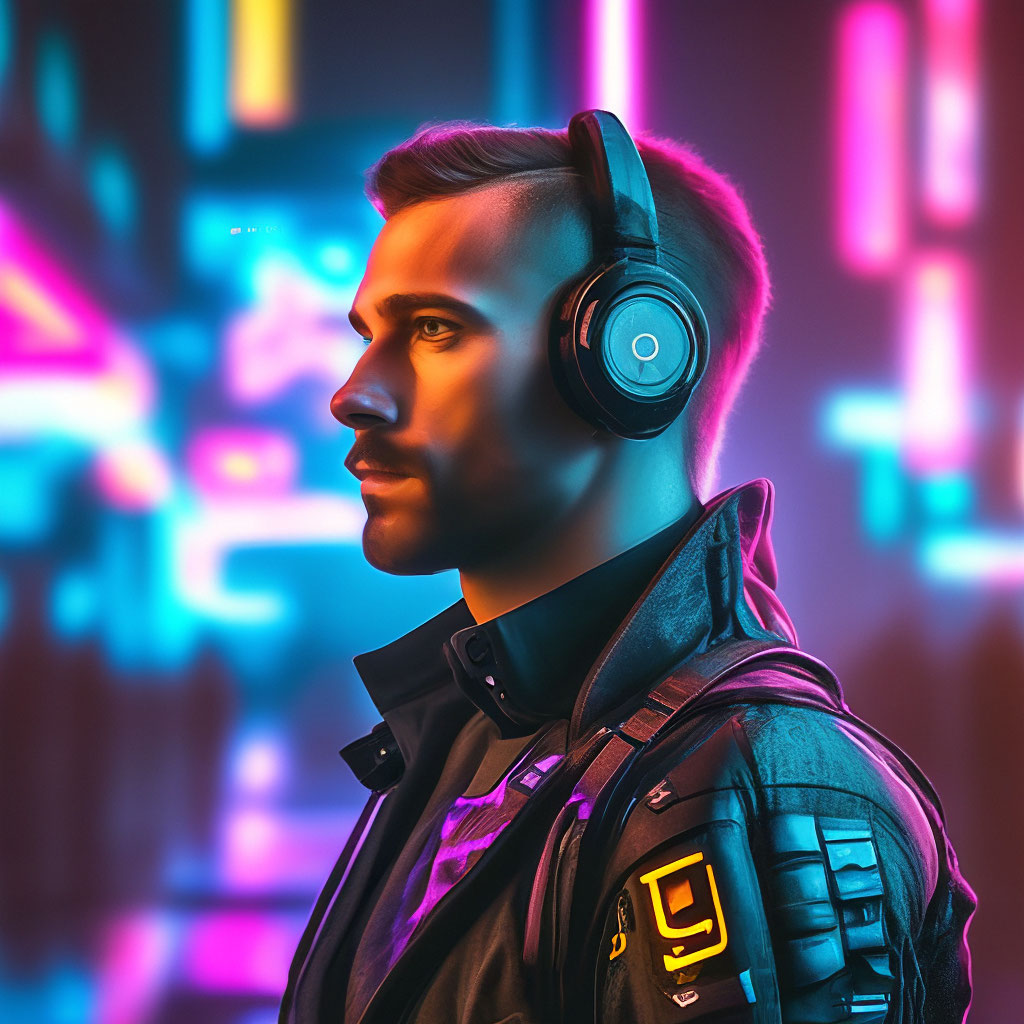 "Cyberpunk. neon light. a man of 30 years old, 4k, high resolution ...