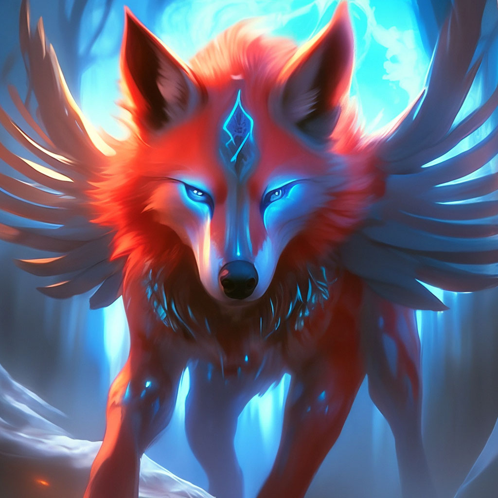 "A red wolf with wings is a mixture of hyena, fox and wolf with glowing ...