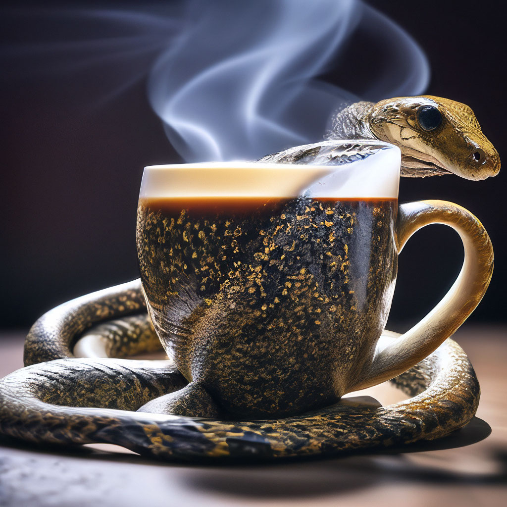"A large mug of coffee, snakes wriggling around and hissing" — image ...