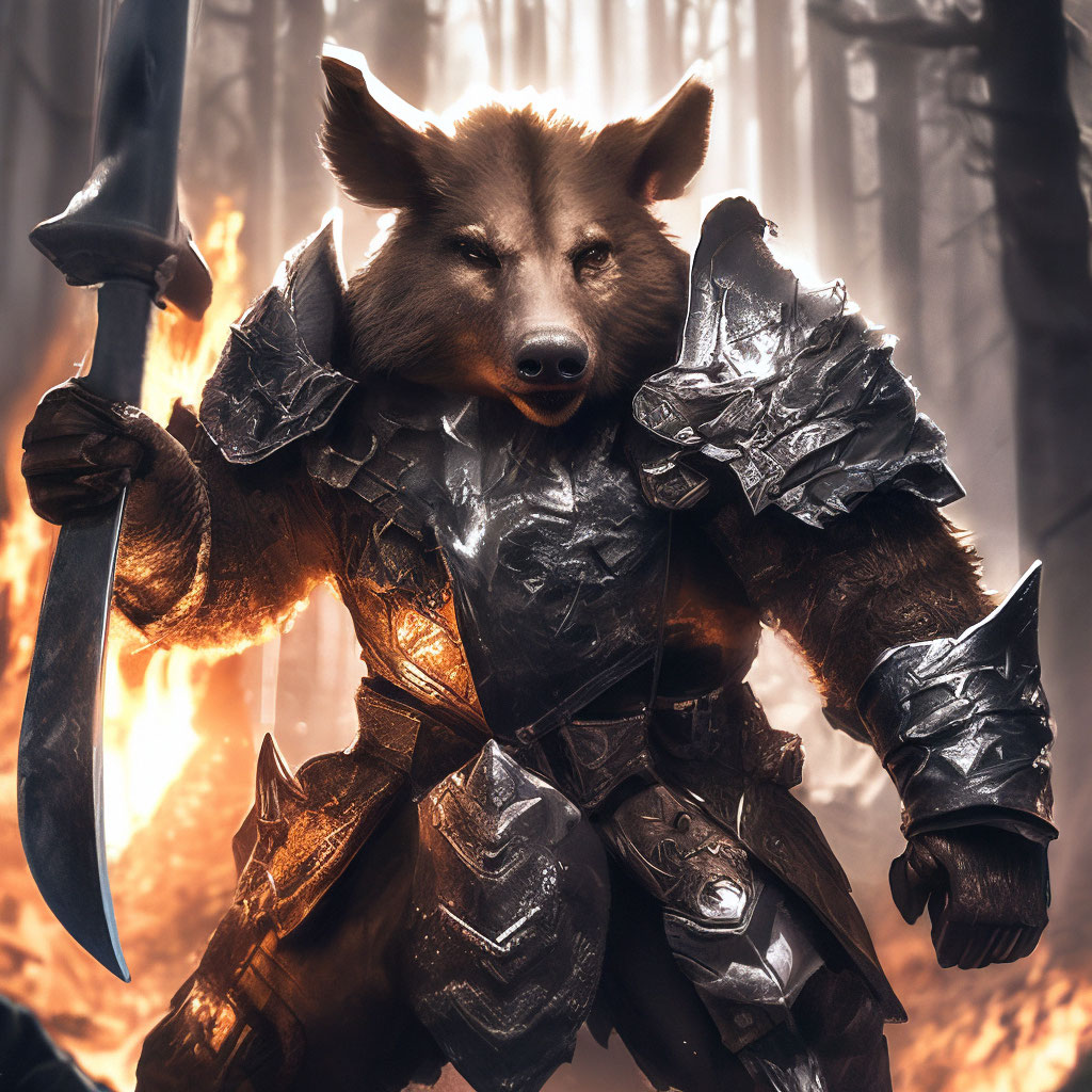 "A huge brown boar in armor with an axe stands in the fire of a flame ...
