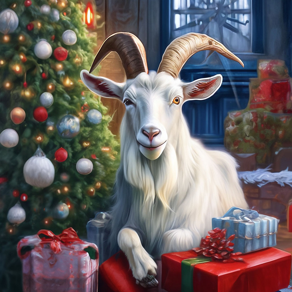 "A white goat on a Christmas tree" — image created in Shedevrum