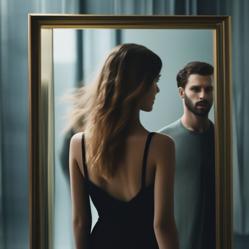 "To be with others a woman stands with her back looking into a large ...