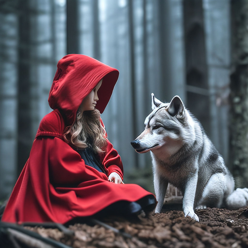 "Little red Riding Hood and gray wolf are sitting on the dark edge of ...