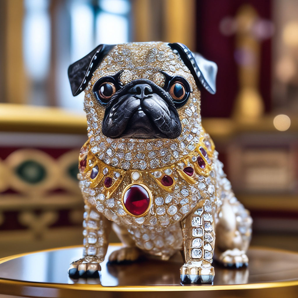 "Super realistic pug made of precious stones" — image created in Shedevrum