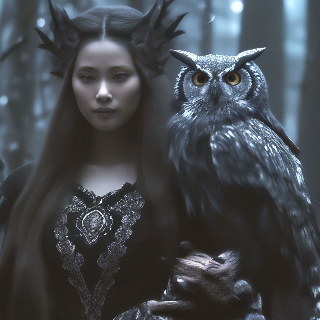 "Fantasy Owl and wolf 🐺 in black kimano 4K ISO 4000." — image created in Shedevrum