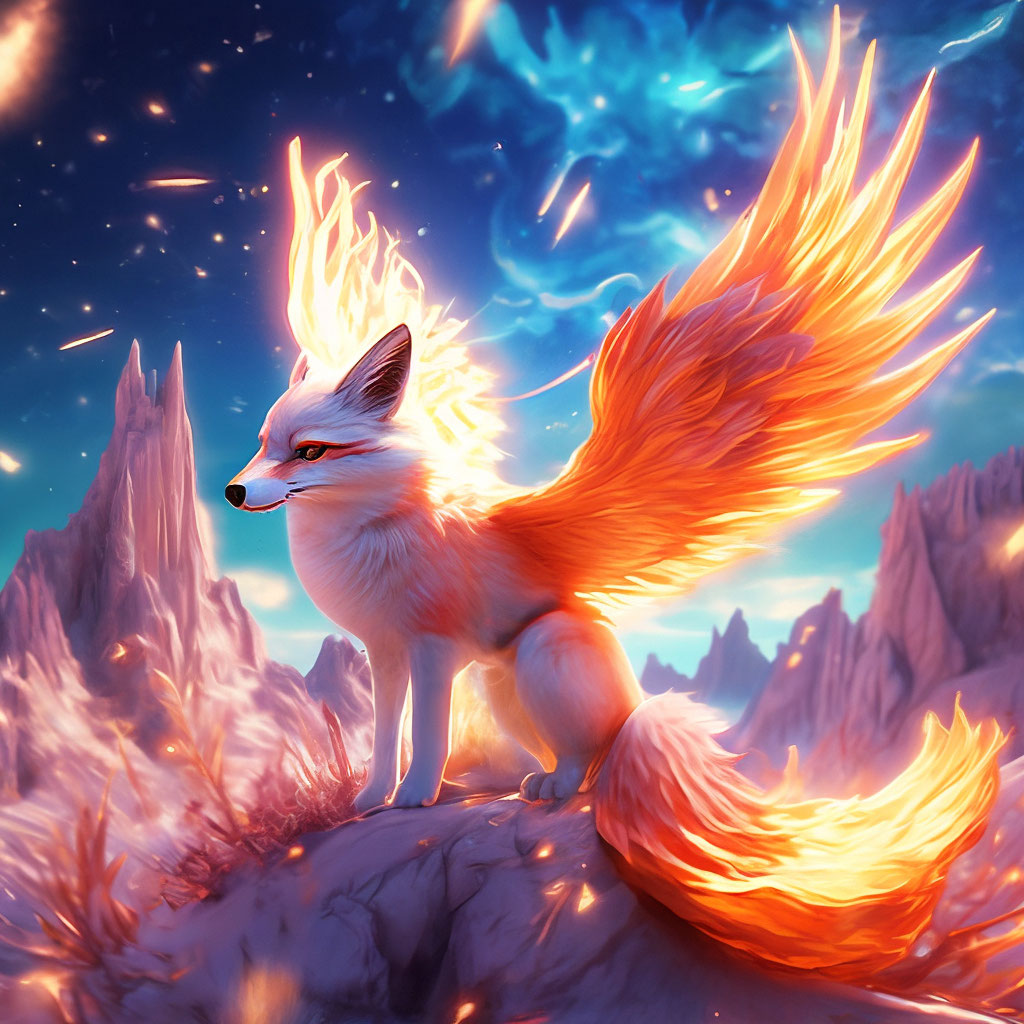 "Hybrid fox + phoenix,fabulous landscape,3d, 16k,careful drawing of ...