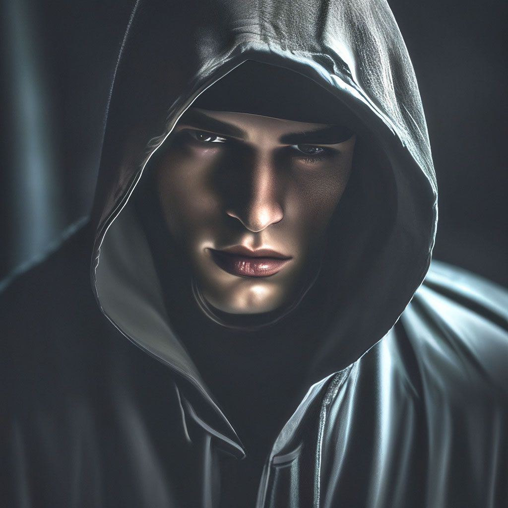 "Tilted male face in the dark in a semi-professional hood horror ...