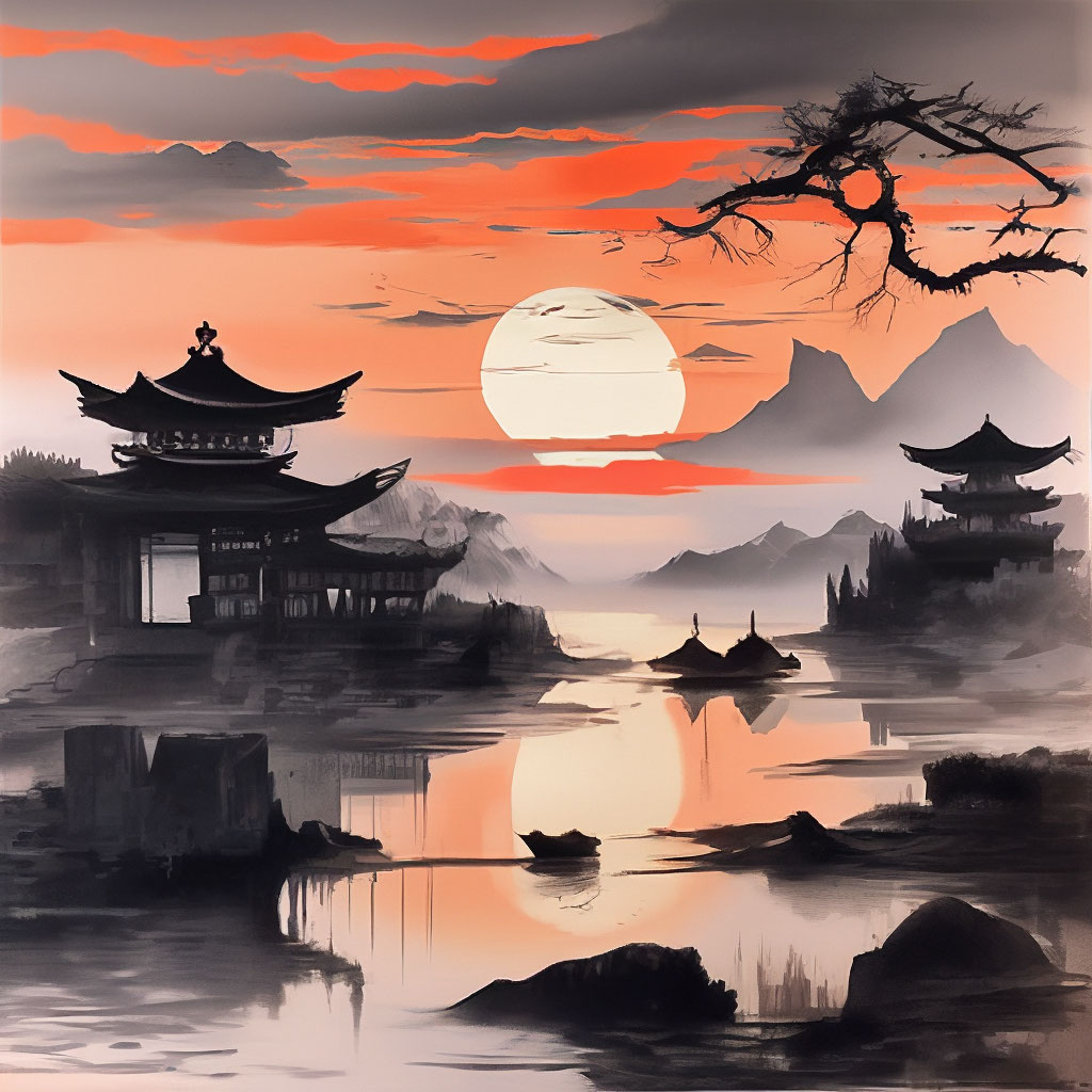 "Chinese traditional ink painting,haboku landscape, sunset from behind ...