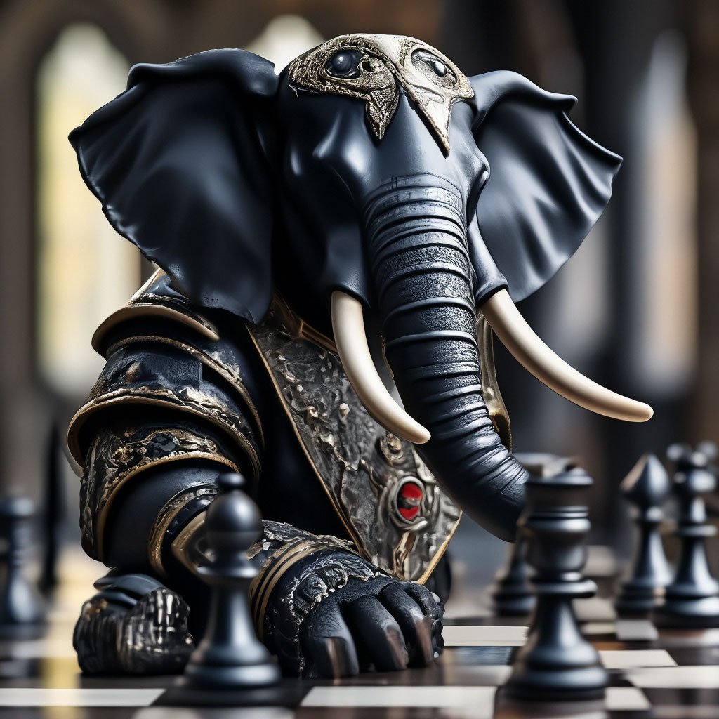 "Anthropomorphic black chess elephant, aesthetically pleasing ...