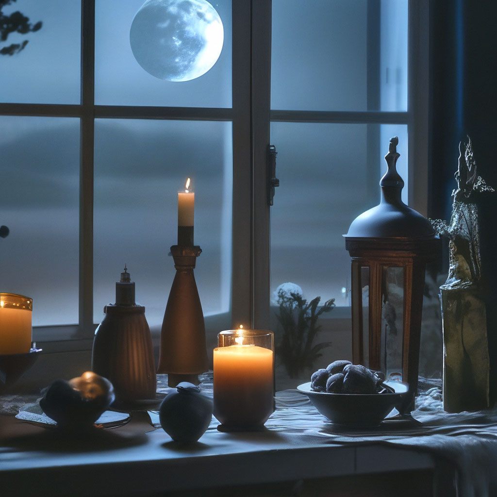 "Theatrical still life in dark colors by moonlight, the moon behind a ...
