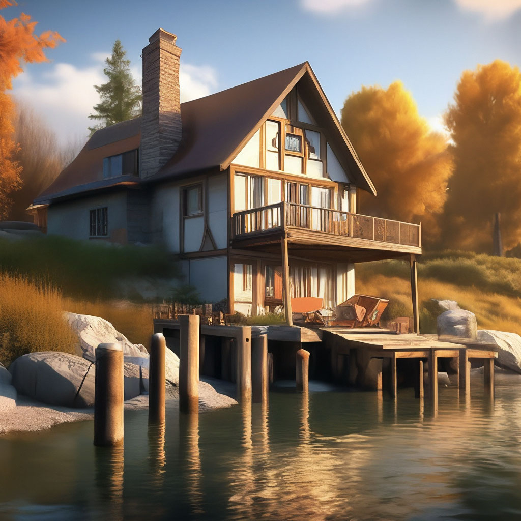 "A house on the bank of a small river, piles propping up an old ...