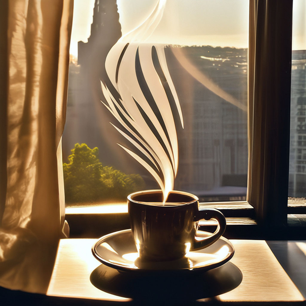 "Coffee cup silhouette, shadow, city curve, tree, whirlwind, sun rays ...