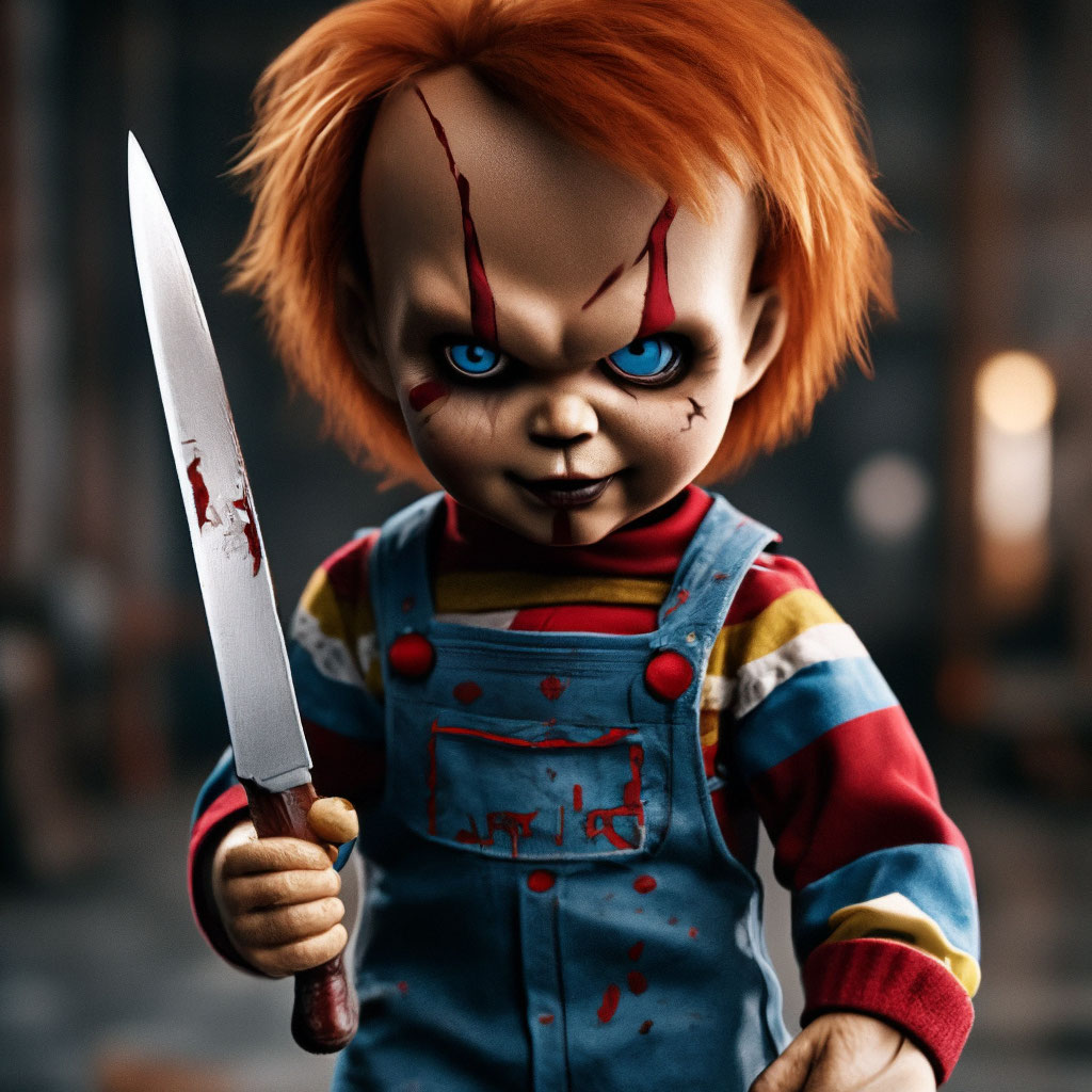 "Chucky doll with a knife in full growth, realistic, professional photo ...