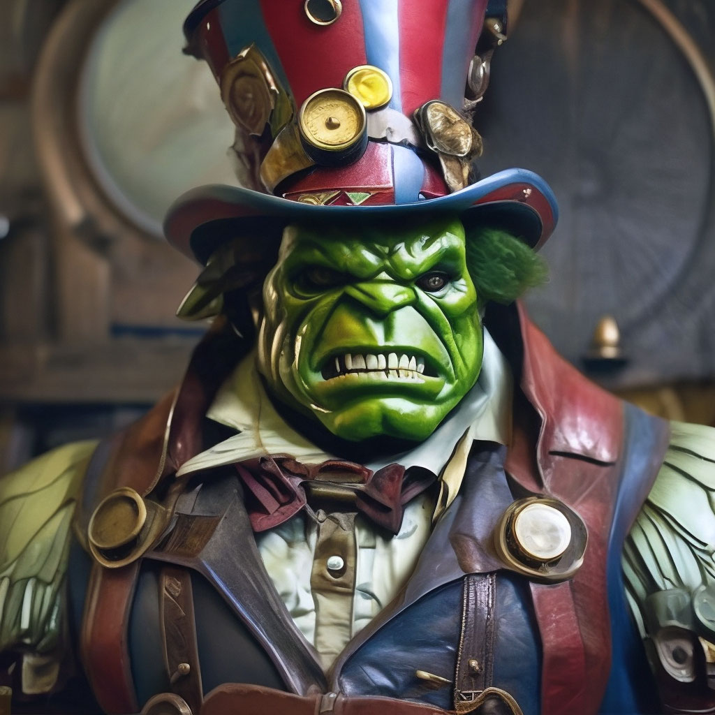 "The Hulk in a Clown costume" — image created in Shedevrum