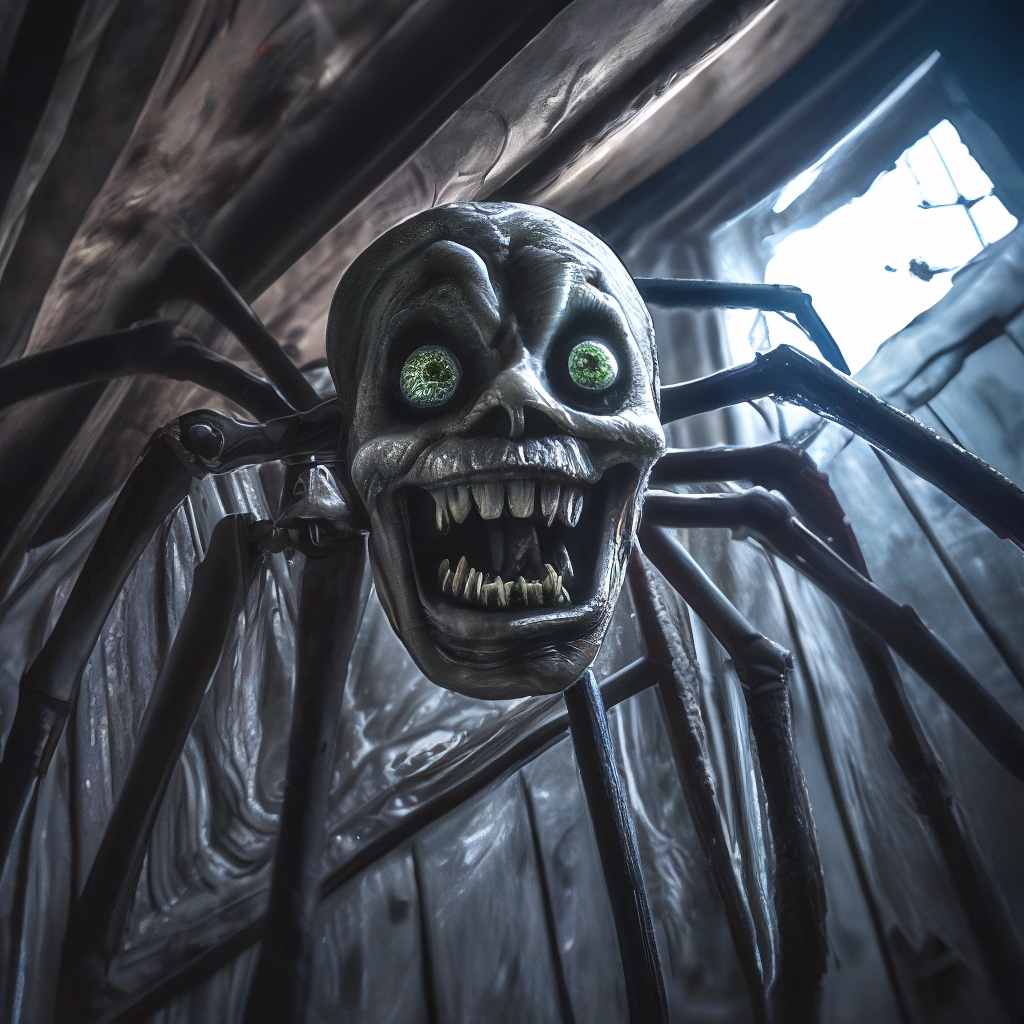 "Horror, fear, horror, upside down in a black corner on the ceiling ...