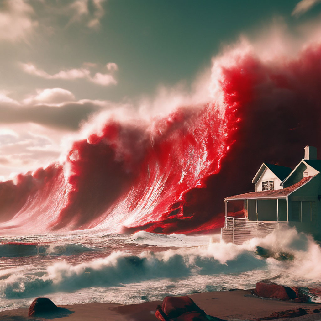 "Red tsunami covers the house 4k 5D" — image created in Shedevrum