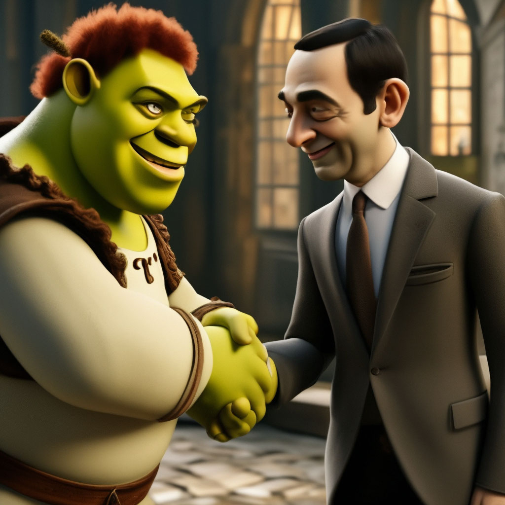 "Mr. Bean shakes hands with Shrek" — image created in Shedevrum