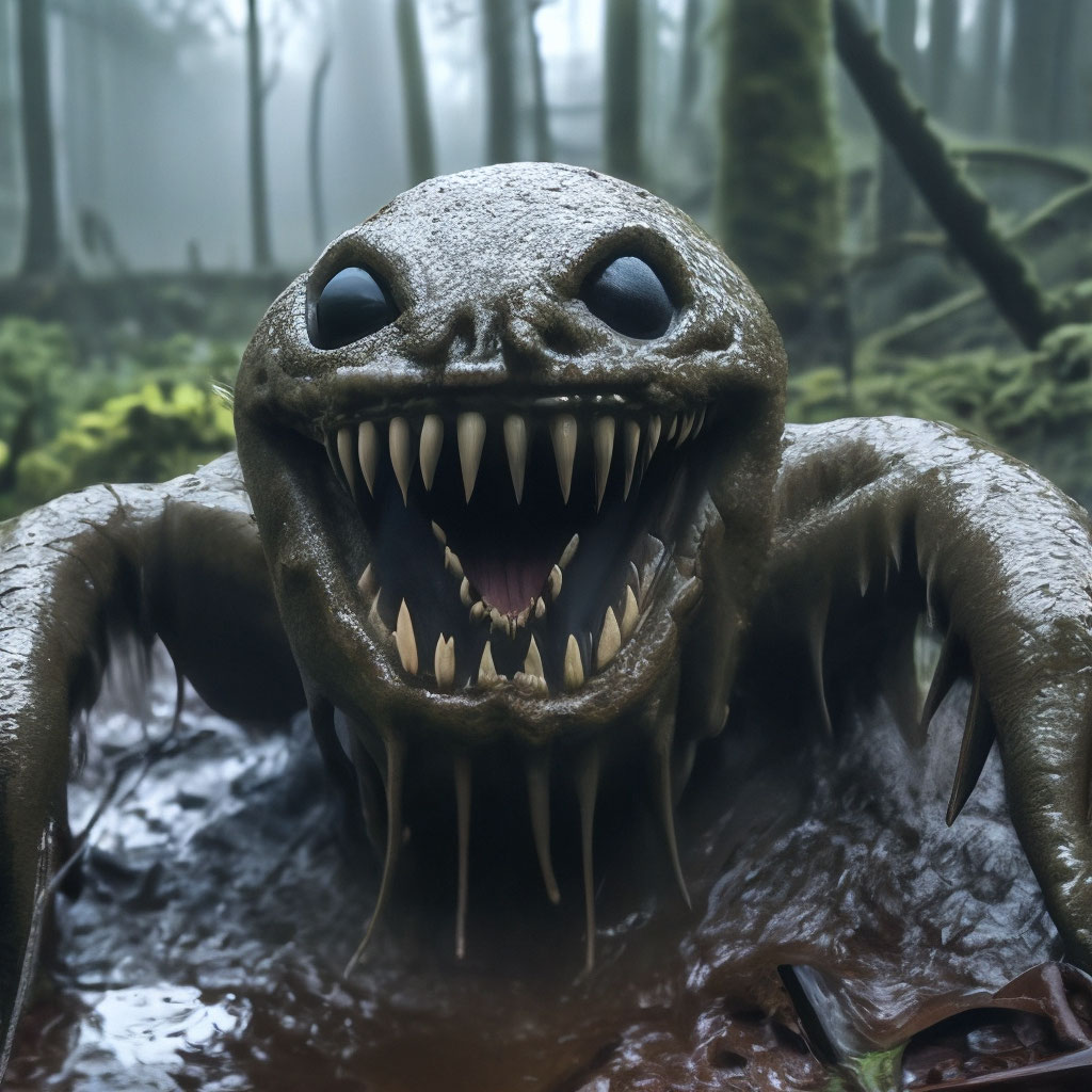 "Maximum realism, a giant toothless laughing bun monster made of slime ...