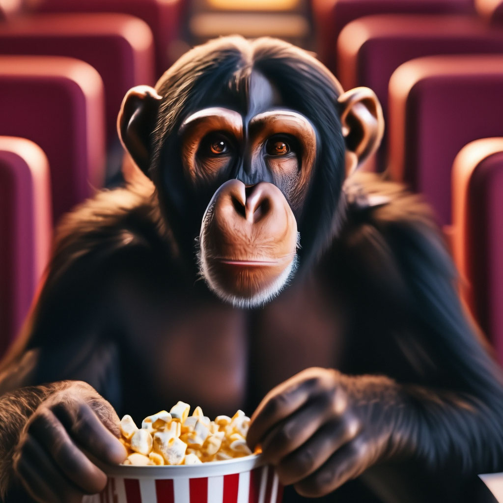 "A chimpanzee is sitting in an empty cinema with popcorn" — image ...