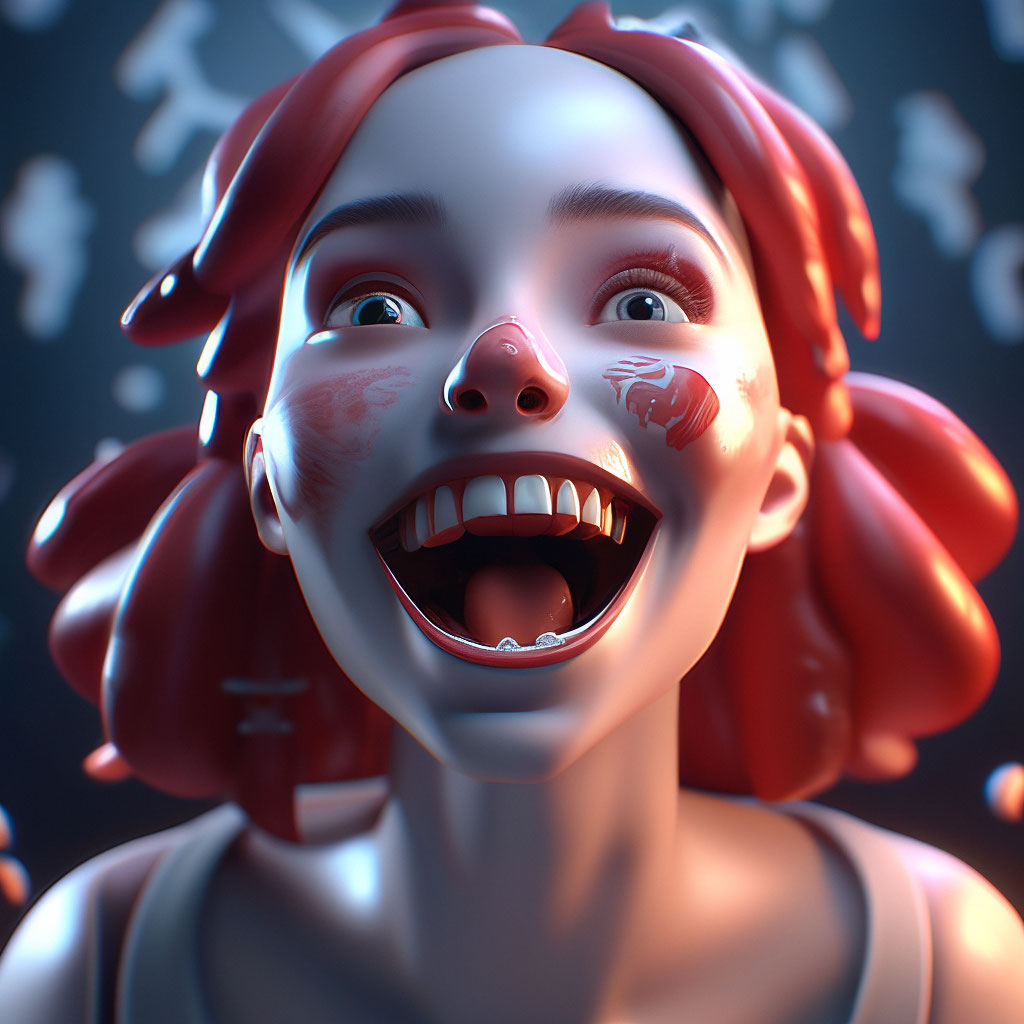 "Very scary girl, smile without teeth, pimples" — image created in ...
