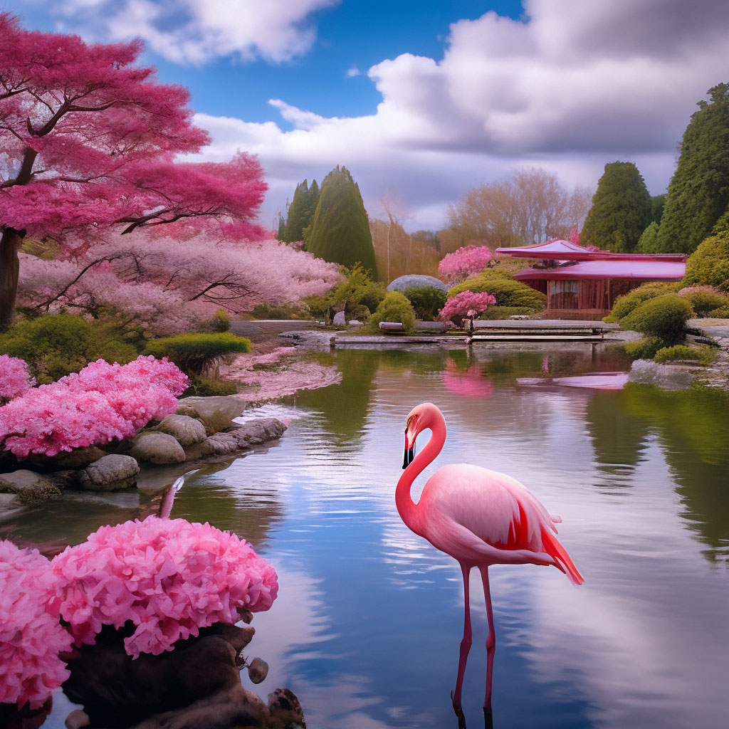 "Japanese garden, pink, white, pond, pink flamingo, very delicate ...