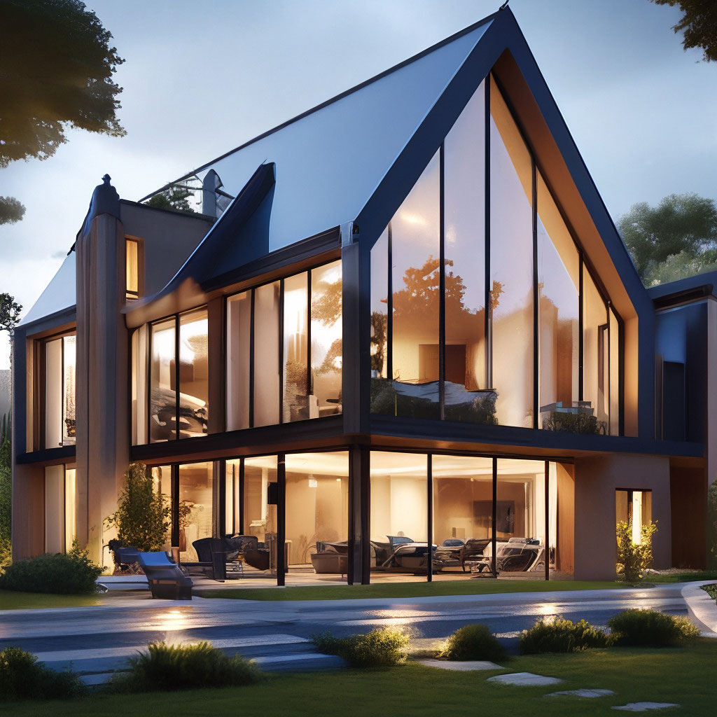 "House with large glass windows realistic 100000k" — image created in ...