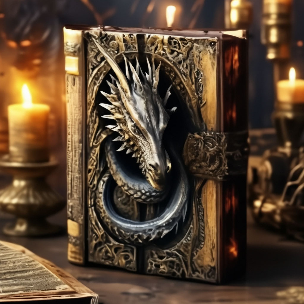 "Ancient battered spell book, fantastic people, realistic kind dragon ...