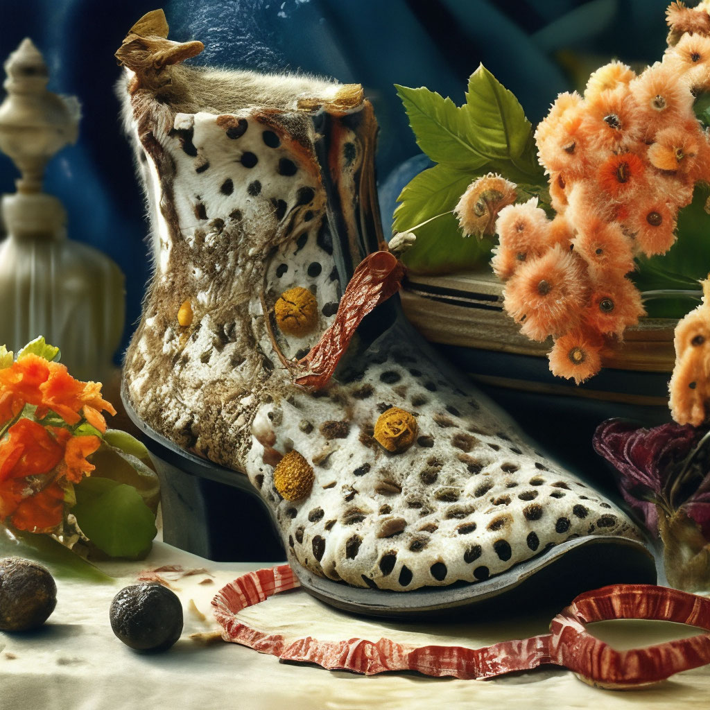 "Speckled still life: an old Shoe (wool-dry felting) among flowers and ...