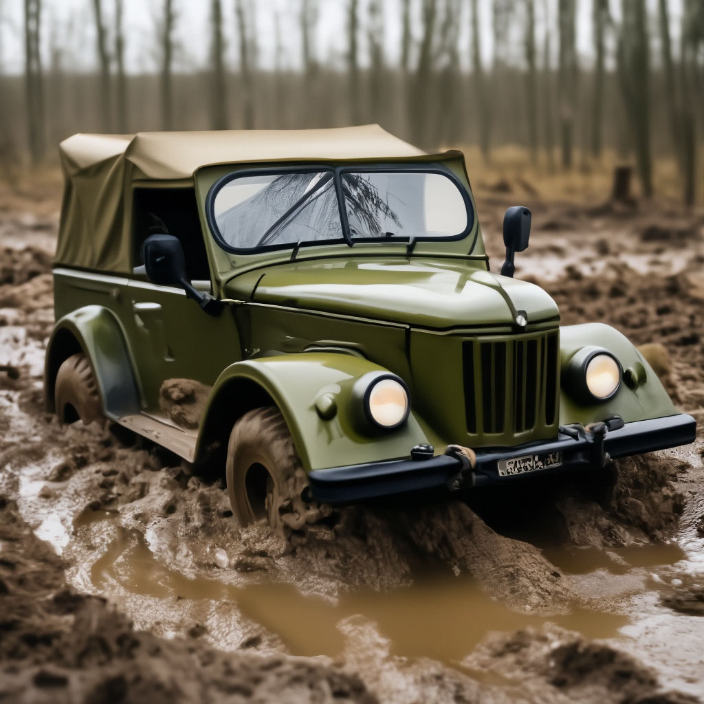 "Gaz 69 sinks into the mud swamp" — image created in Shedevrum