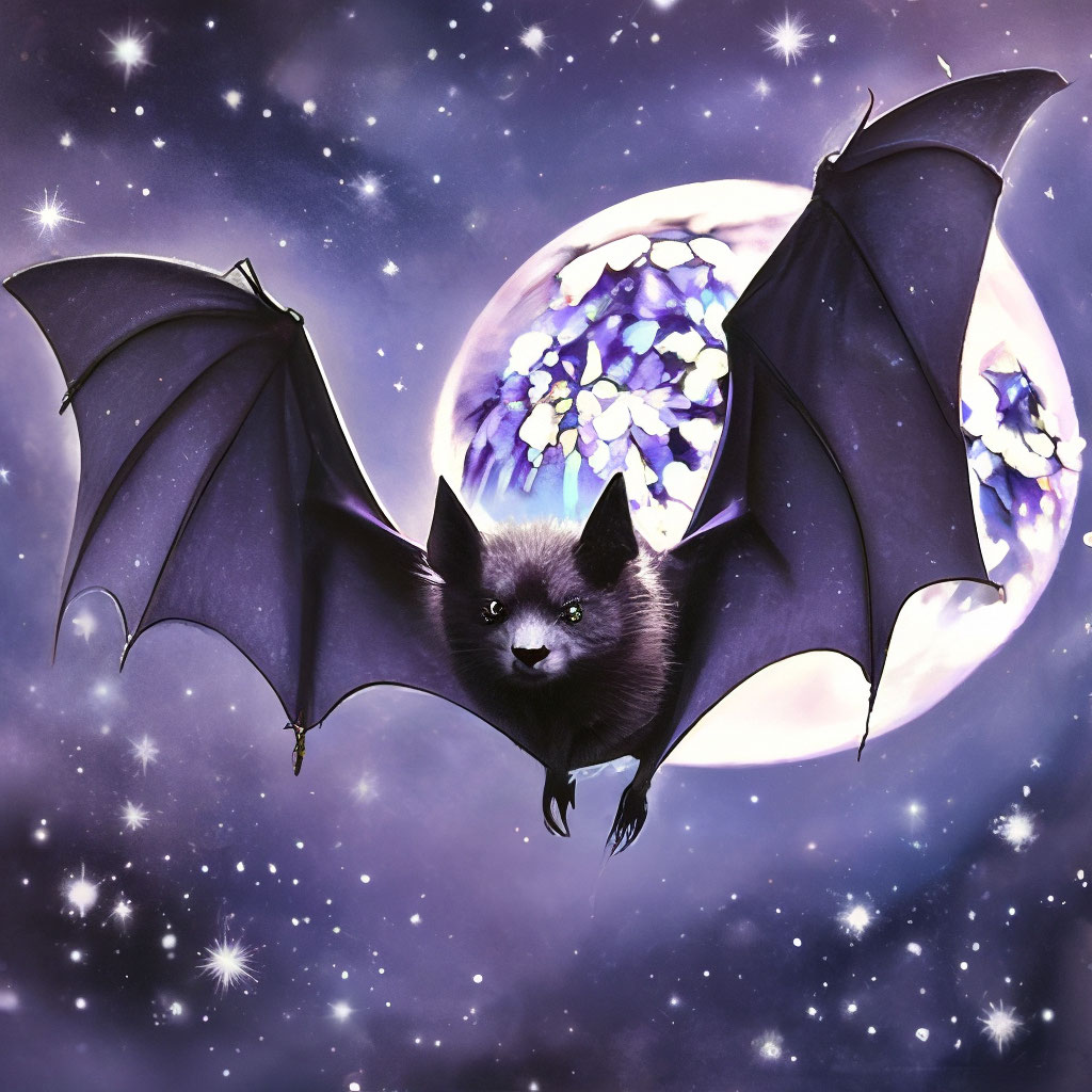 "A huge bat flies across the magical starry sky - dark purple black ...