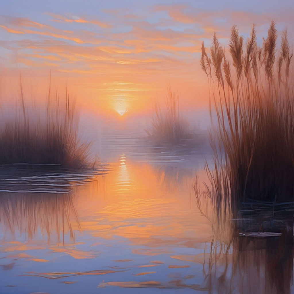 "Academic oil painting with drawing, fog, quiet pond backwater, dawn ...