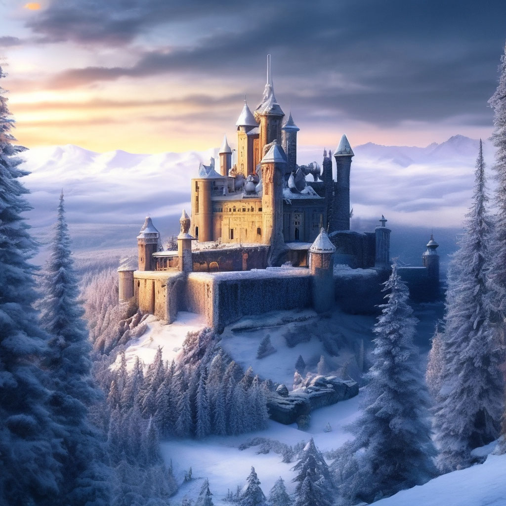 "Fabulous castle winter, forest, high resolution, maximum detail ...