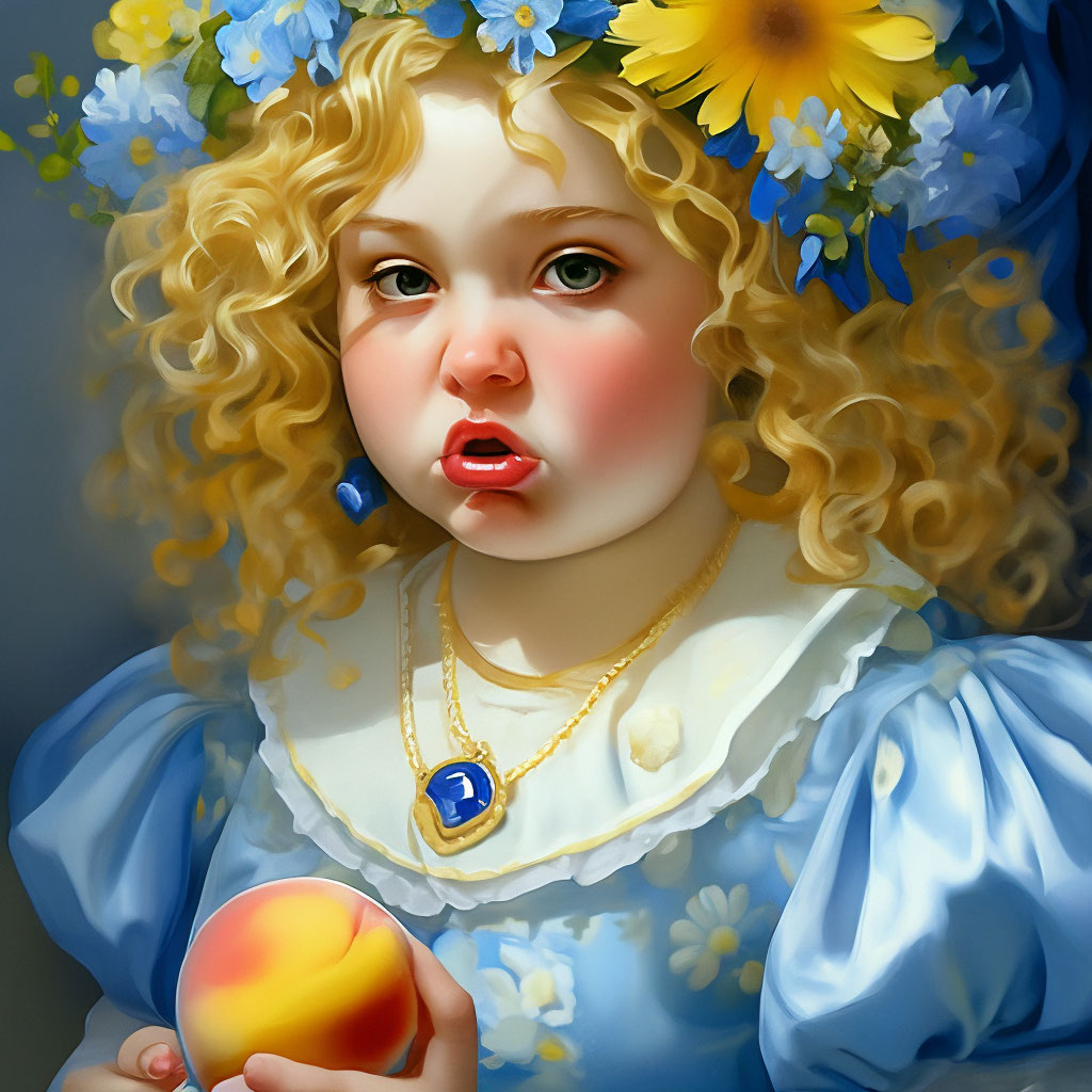 "Beautiful young, plump, angry look, fright on her face, eating a peach, golden curly hair, a ...