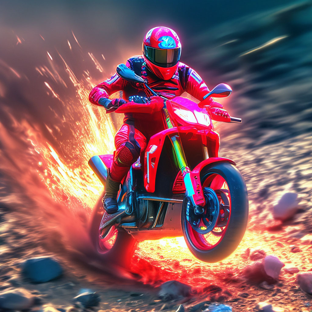 "Neon bright red motorcycle with a motorcyclist in 2080 is flying at ...