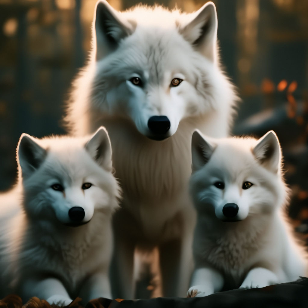"A white fluffy wolf with his family and a very cute puppy friend with ...