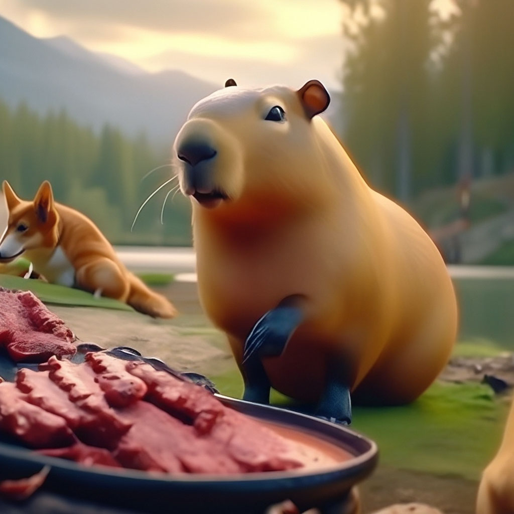 "Capybara gives dogs meat, aesthetically pleasing, beautiful, realistic ...