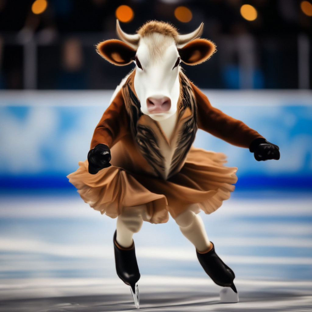 "A cow on ice skates participates in pair figure skating, makes a ...