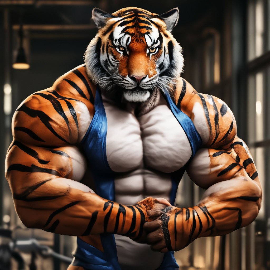 "Tiger bodybuilder on testosterone" — image created in Shedevrum