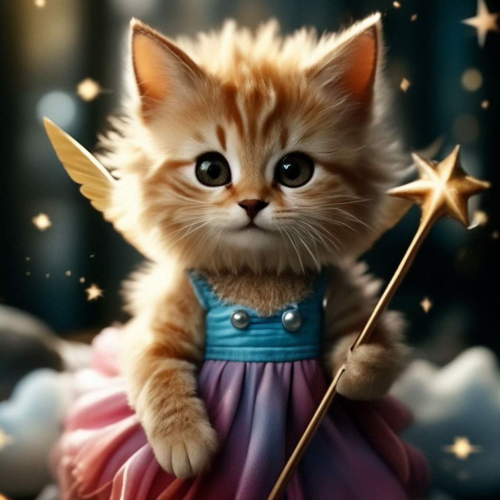 "Cat tooth fairy, plump, clouds, in a multicolored dress, wand in hand ...