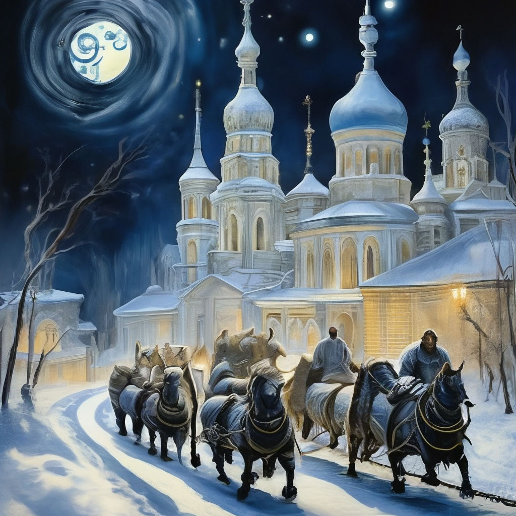 "In the moonlight, the snow is silvered, Along the road, the troika ...