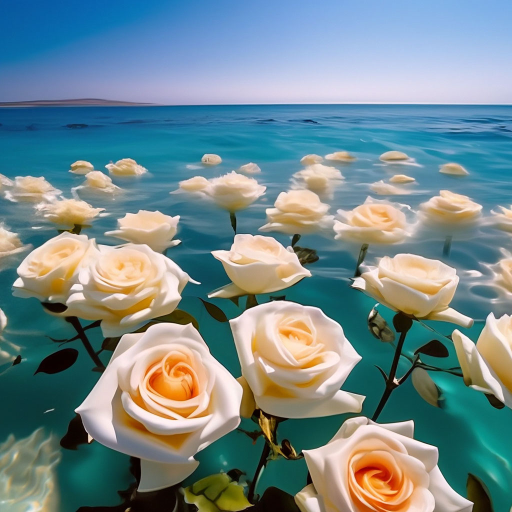 "Photo in high quality, lots of glowing white roses in the clear ocean ...