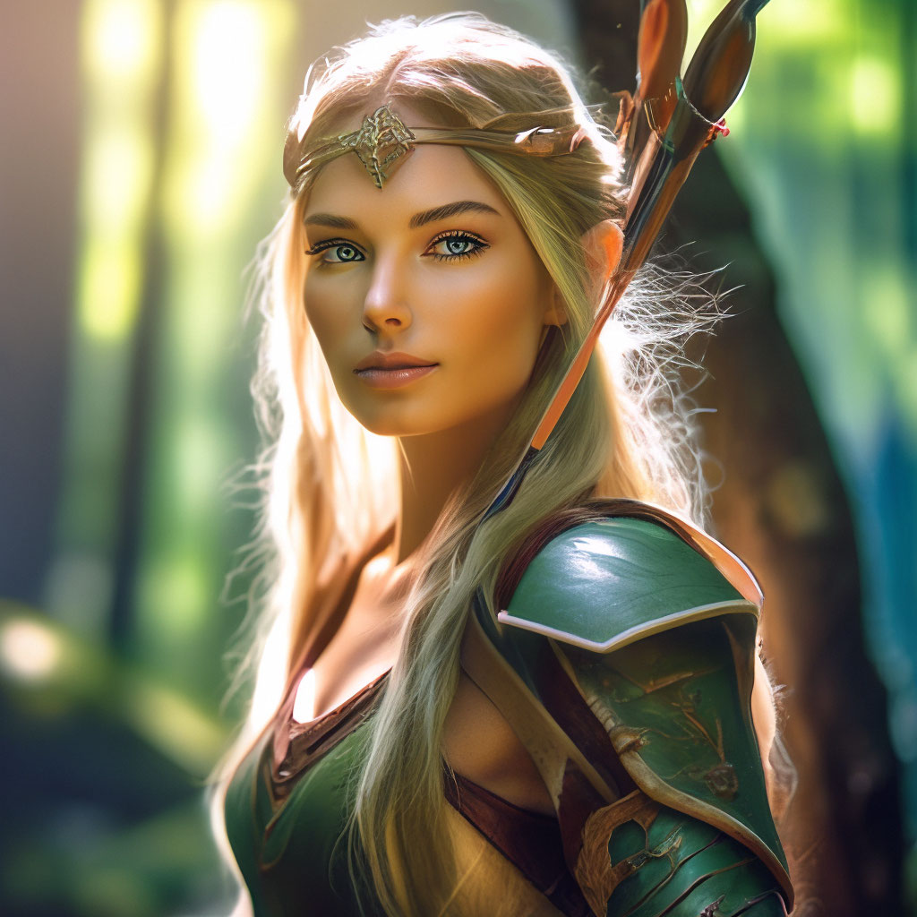 "Elven forest, aesthetically pleasing, beautiful elf archer, beautiful ...
