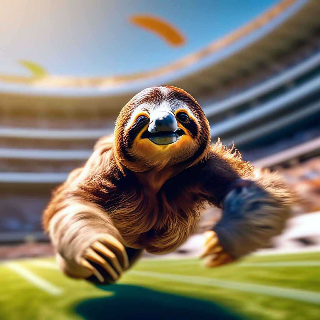 "Hyperrealistic, sloth race, epic, sloths running around the stadium ...