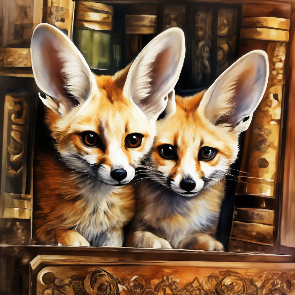 "Watercolor sketch. two cheerful little spotted fenek peek out from the ...