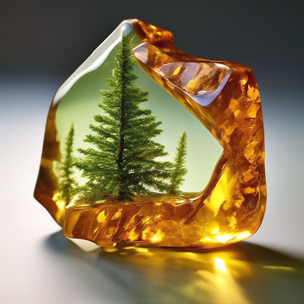 "Petrified green spruce branch in amber resin, irregularly shaped resin ...