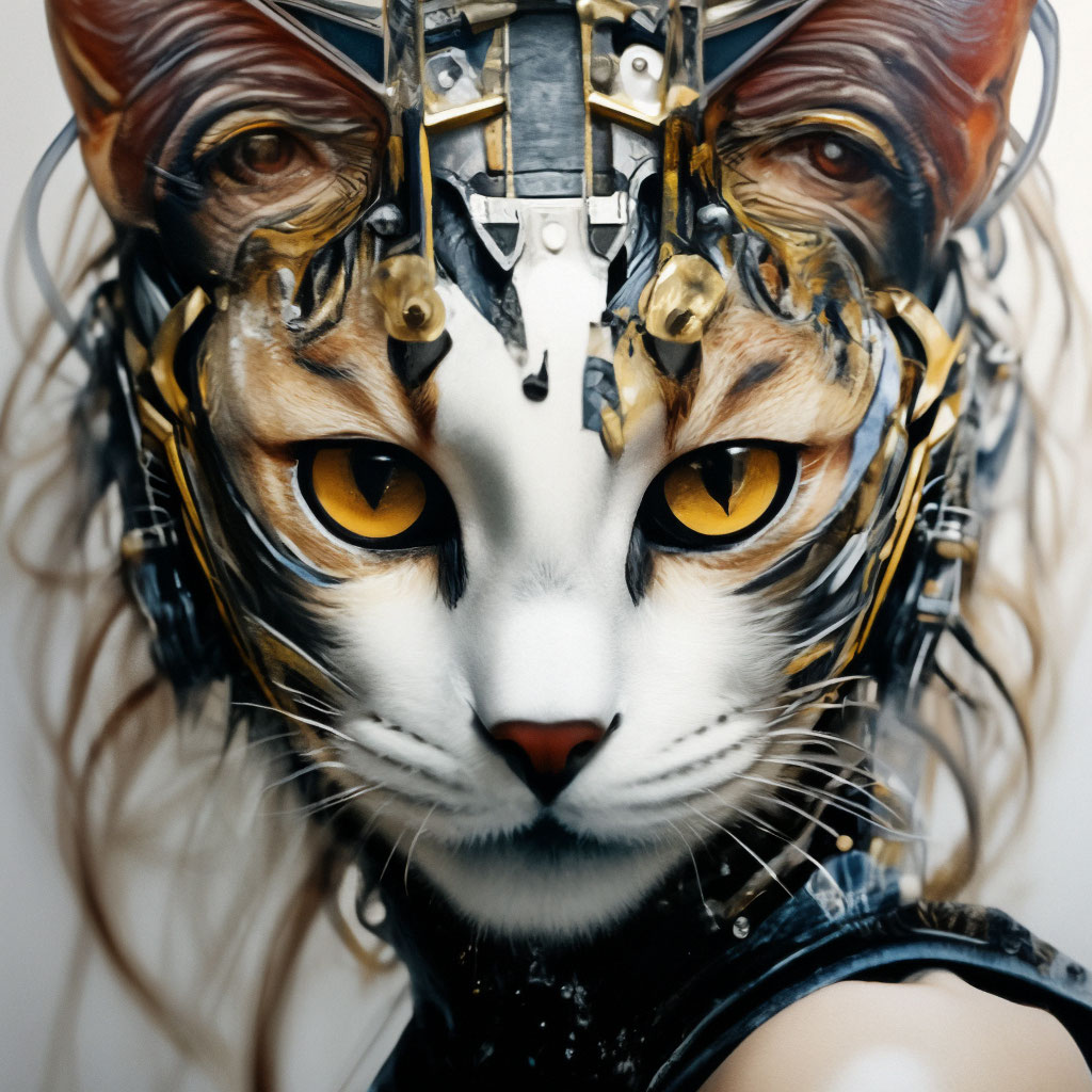 "Girl mime cyborg cat, watercolor drawing, photorealism, glare, white ...