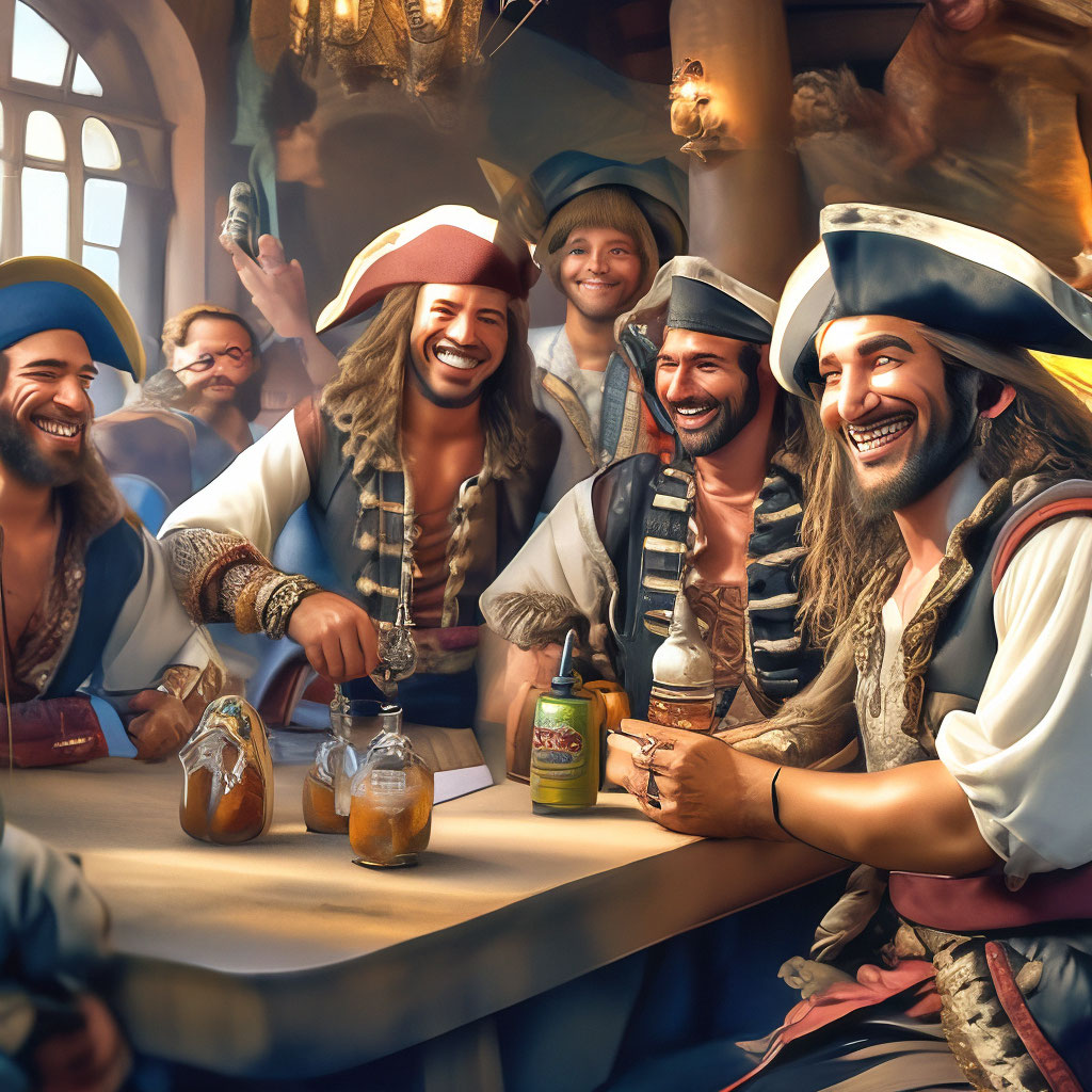 "Watercolor, full-length, 1760 pirates celebrate in the tavern, a ...